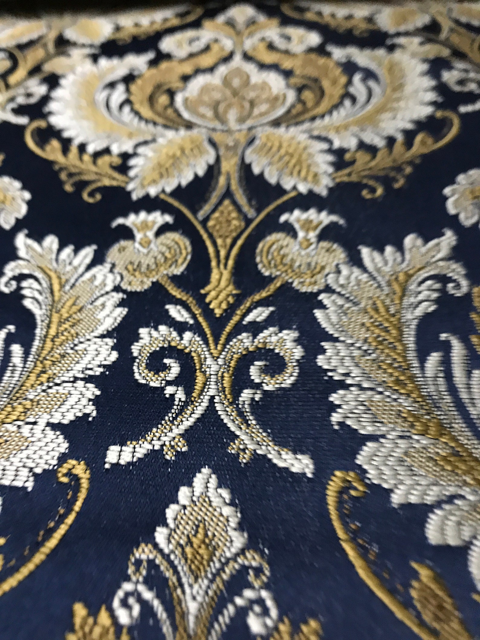 Luxurious Jacquard Material Navy Blue Color Damask Design | Etsy