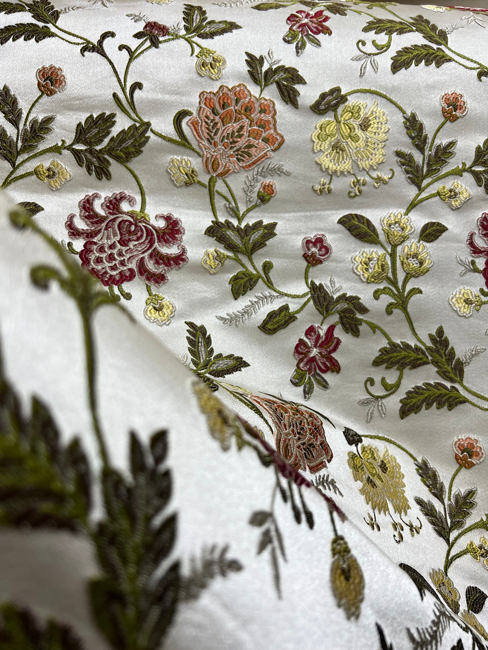 Woven Floral Jacquard Fabric: Green & Rust Upholstery Material - Etsy