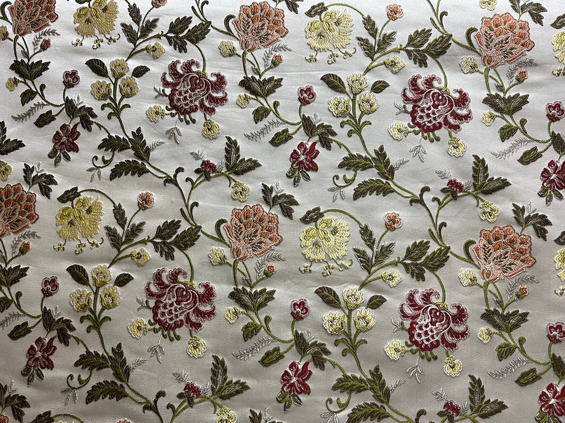 Woven Floral Jacquard Fabric: Green & Rust Upholstery Material - Etsy