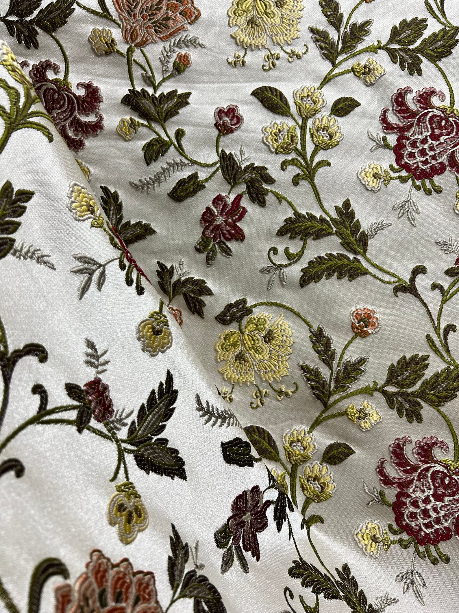 Woven Floral Jacquard Fabric: Green & Rust Upholstery Material - Etsy