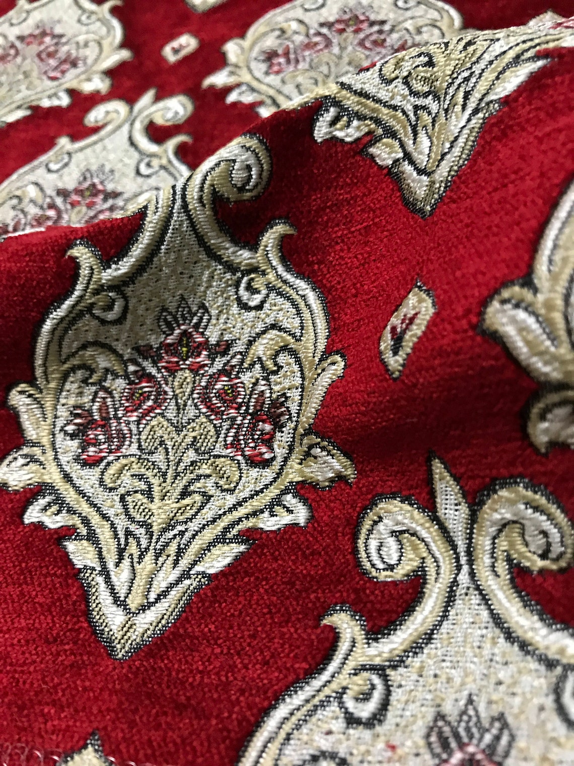 Red Damask Motif Design Luxurious Chenille Jacquard Fabric for - Etsy