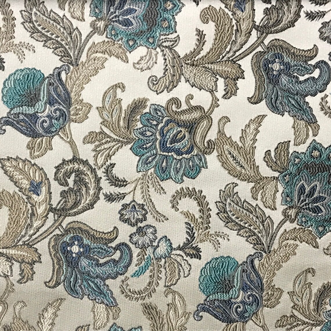 Blue Floral Scroll Design Luxurious Jacquard Fabric For | Etsy