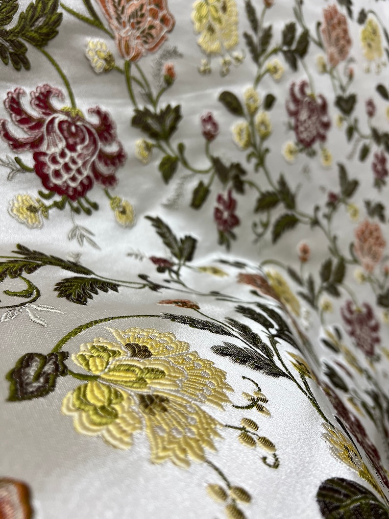 Woven Floral Jacquard Fabric: Green & Rust Upholstery Material - Etsy