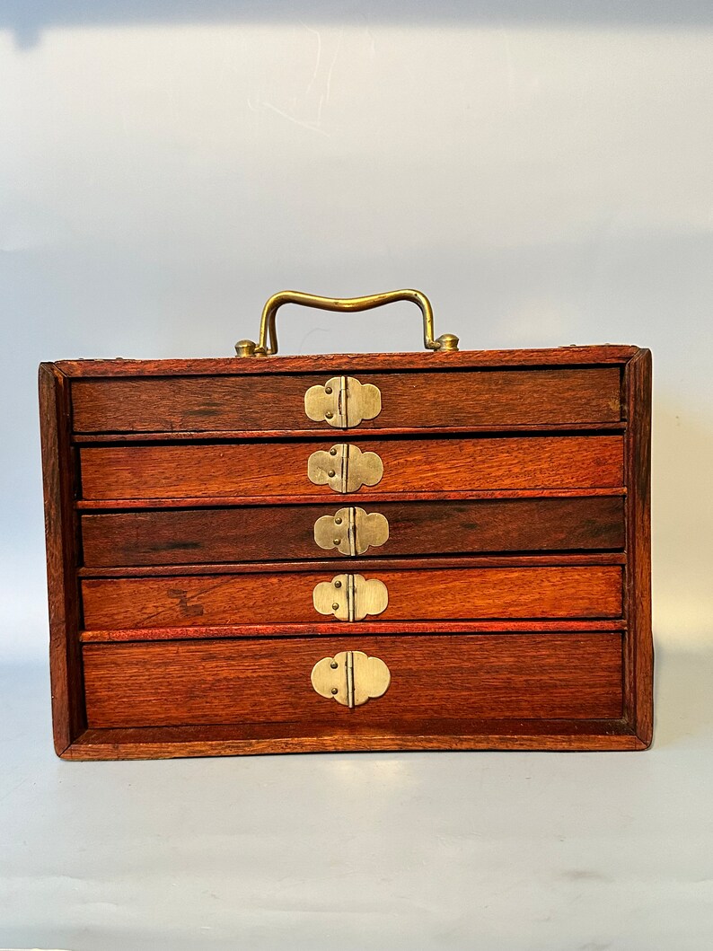 Chinese Mahjong Set. Wood Box With Pierced Brass Corners and Handles ...