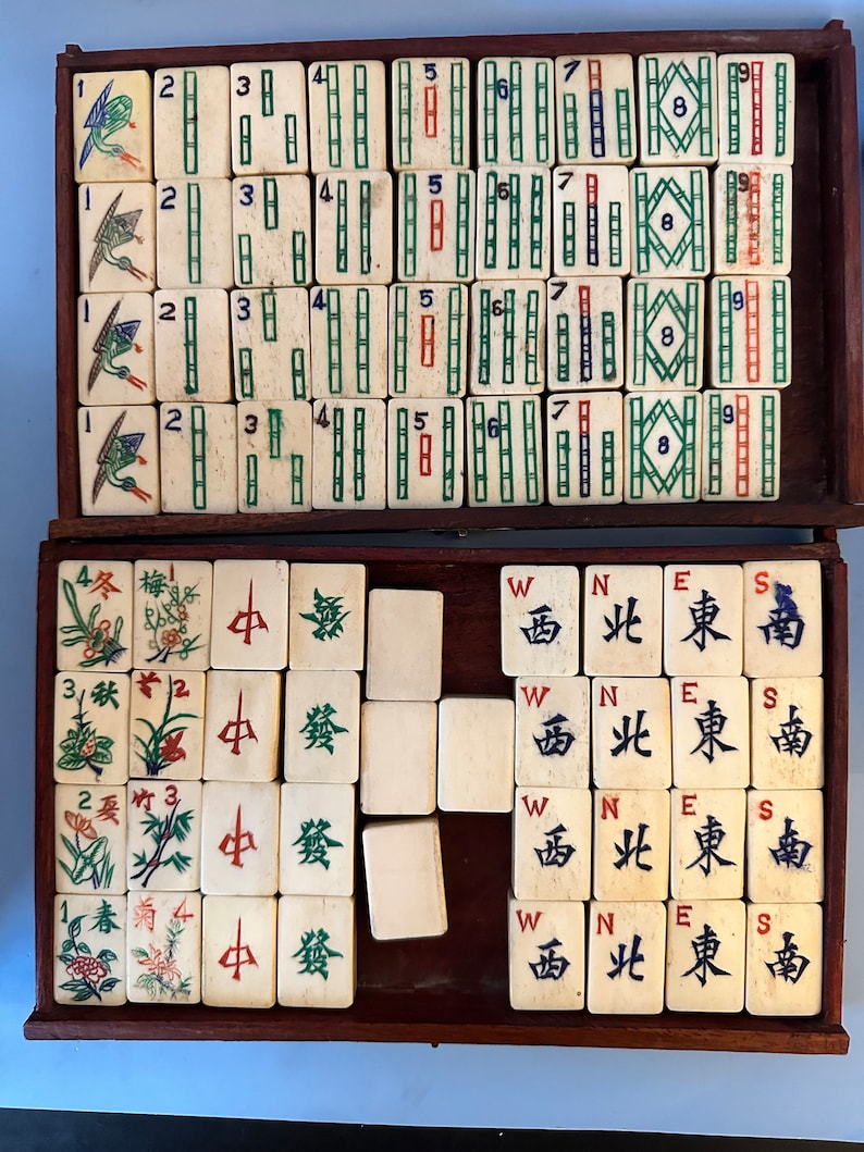 Chinese Mahjong Set. Wood Box With Pierced Brass Corners and Handles ...