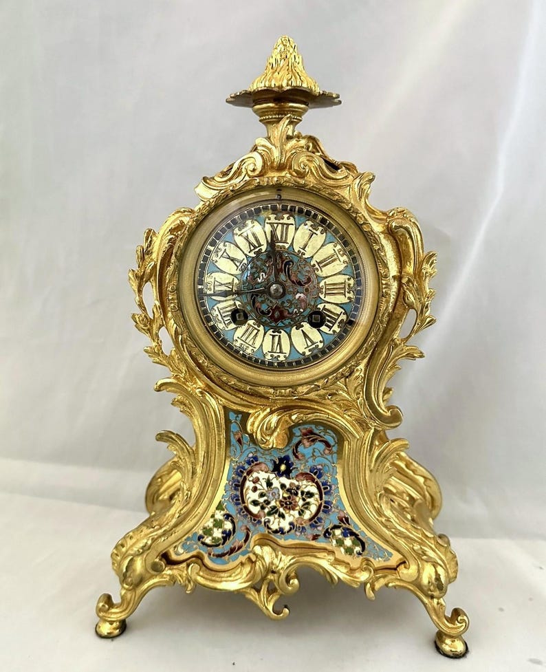 French Ormolu and Champleve Mantle Clock. Enamel Dial, Roman Numerals ...