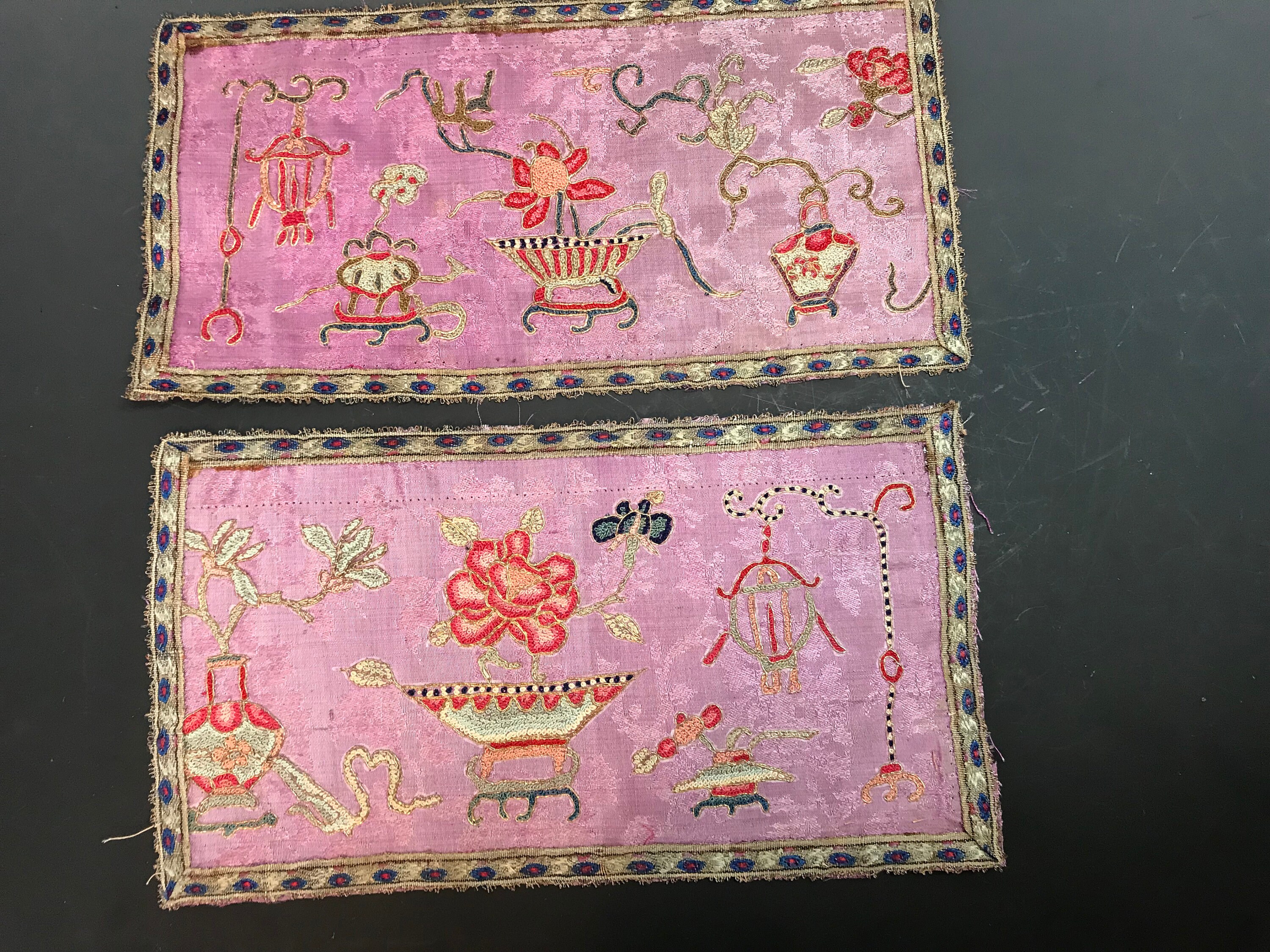 Two Chinese Embroideries With Peking Knot Forbidden Stitch. Qing. 4.75 ...