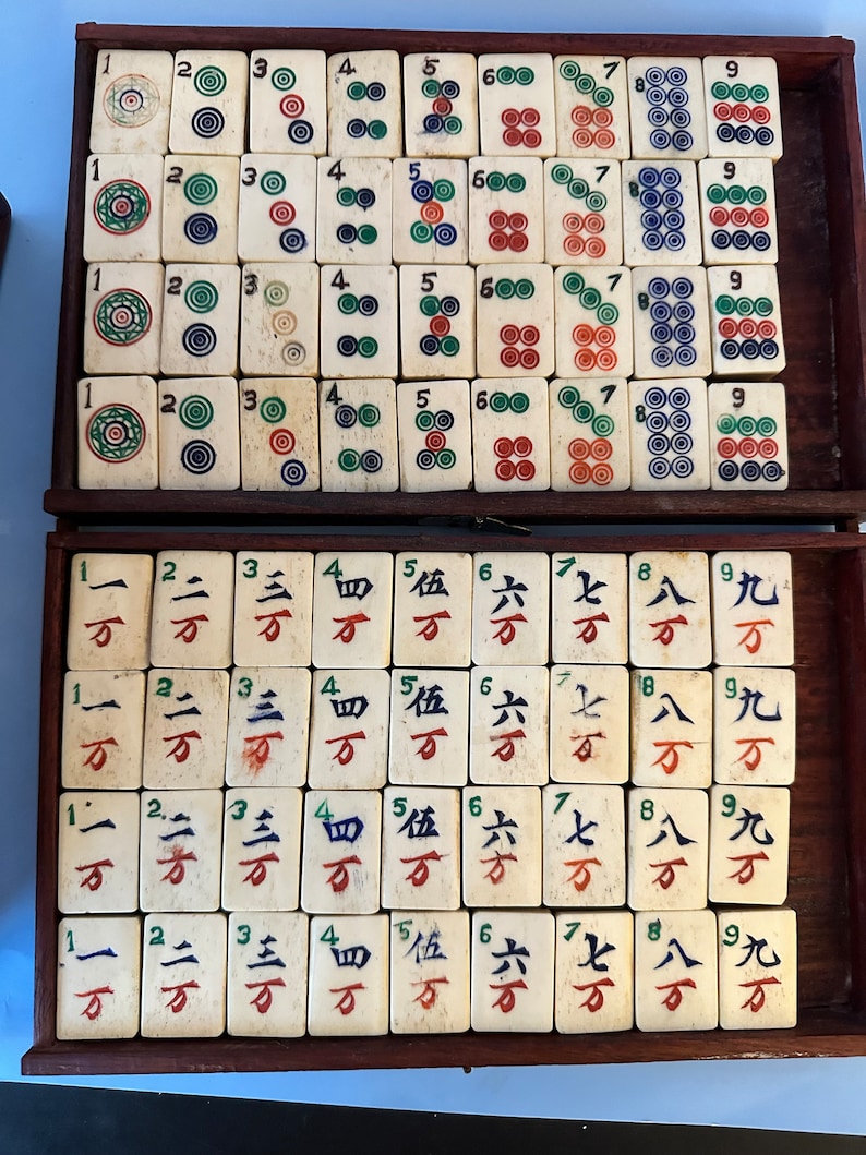 Chinese Mahjong Set. Wood Box With Pierced Brass Corners and Handles ...