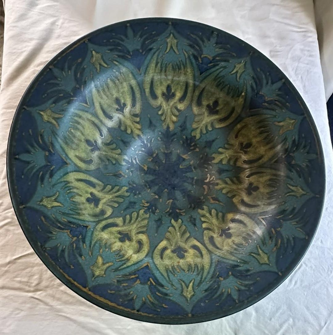 Dutch PZH Gouda Pottery Bowl. Blue Ground Art Nouveau Gold Feather. 14 ...