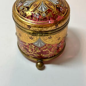 Bohemian Enameled Cranberry Glass Box. Ball Feet, Dome Top. 19th ...