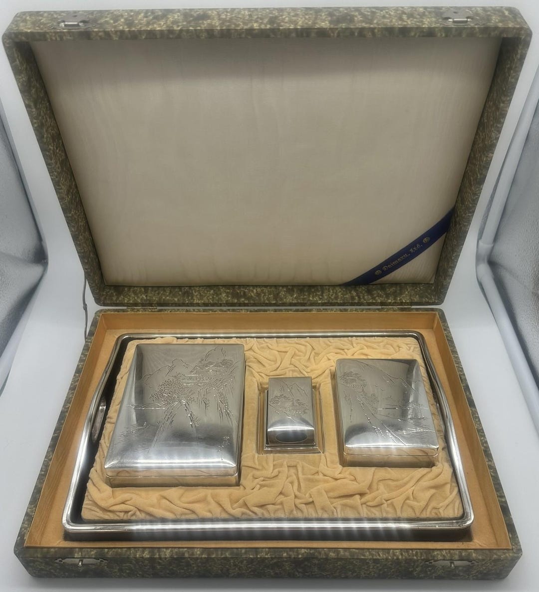 Japanese Smoking Set Jungin Pure Silver and Ebonized Wood. Meiji ...