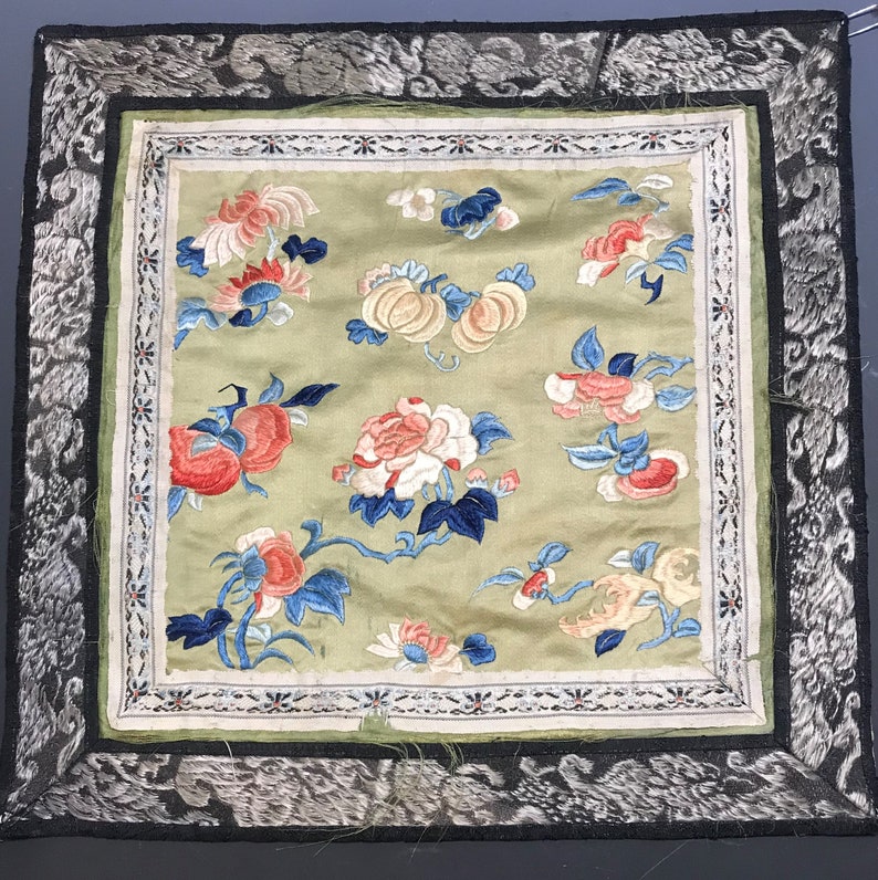 Chinese Embroidery. Green Ground With Flowers and Fruit. Qing. 11" X 11 ...