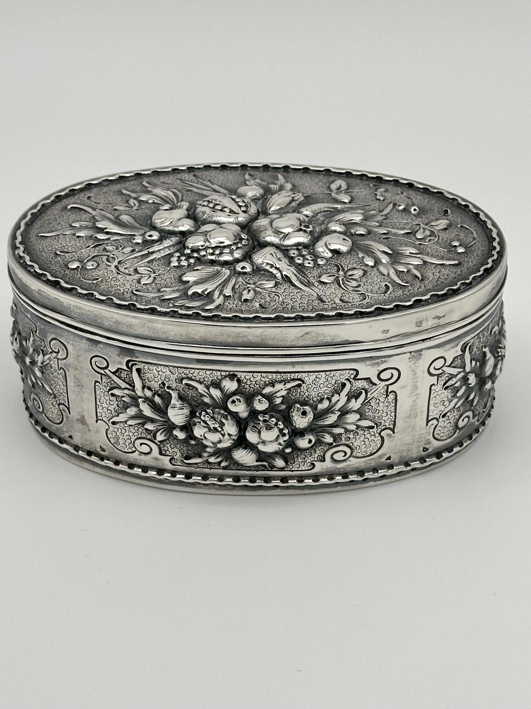 German 800 Silver Repousse Box. Fruits and Leaves. Circa 1890. 5 1/4" X ...