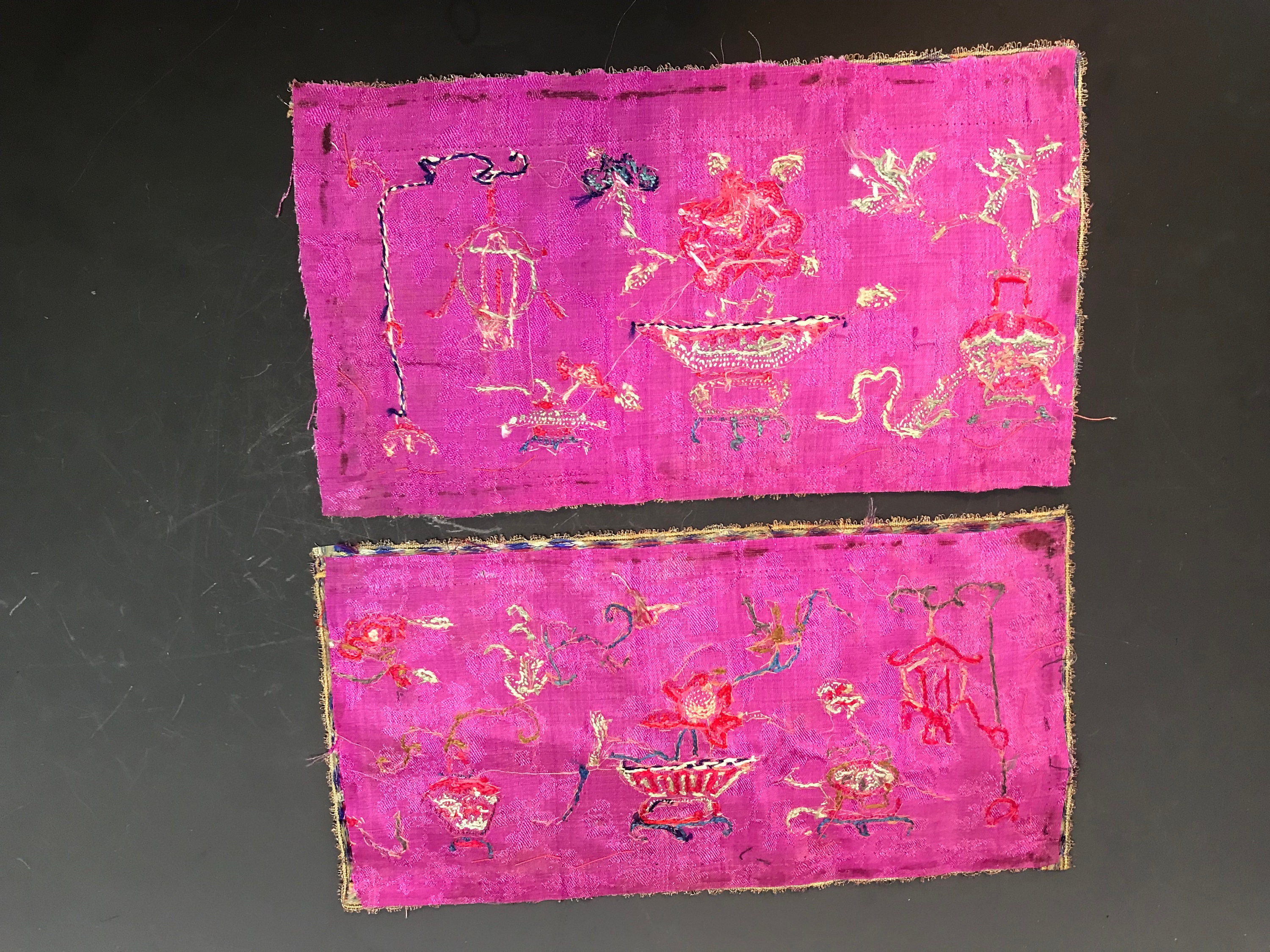 Two Chinese Embroideries With Peking Knot Forbidden Stitch. Qing. 4.75 ...
