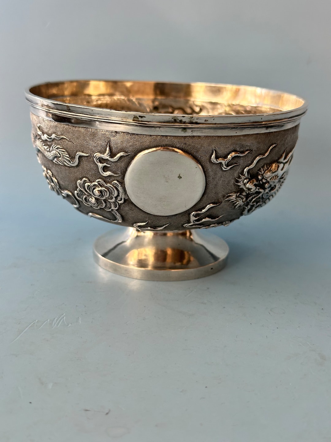 Chinese Silver Zeewo Footed Bowl. Dragon Chasing Flaming Pearl. 4 1/2 ...