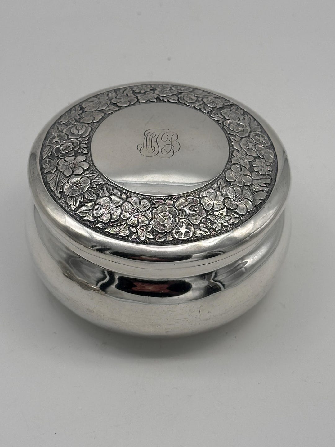 Circular Box. Sterling Silver. Ortega Mexico. Repousse Flowers. 4 1/2 ...