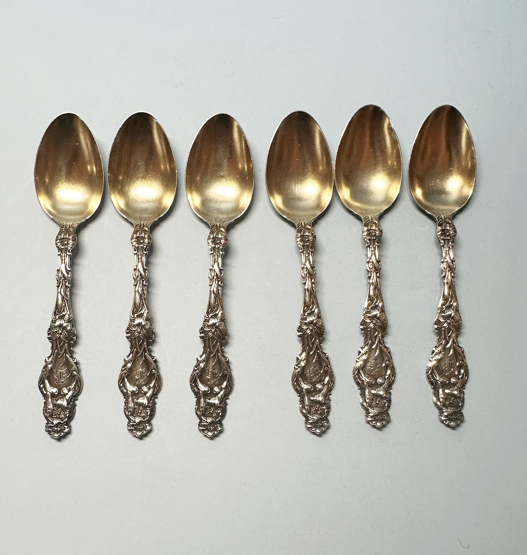 6 Demitasse Spoons. Whiting Sterling Silver Lily Pattern. Monogram. Pat ...