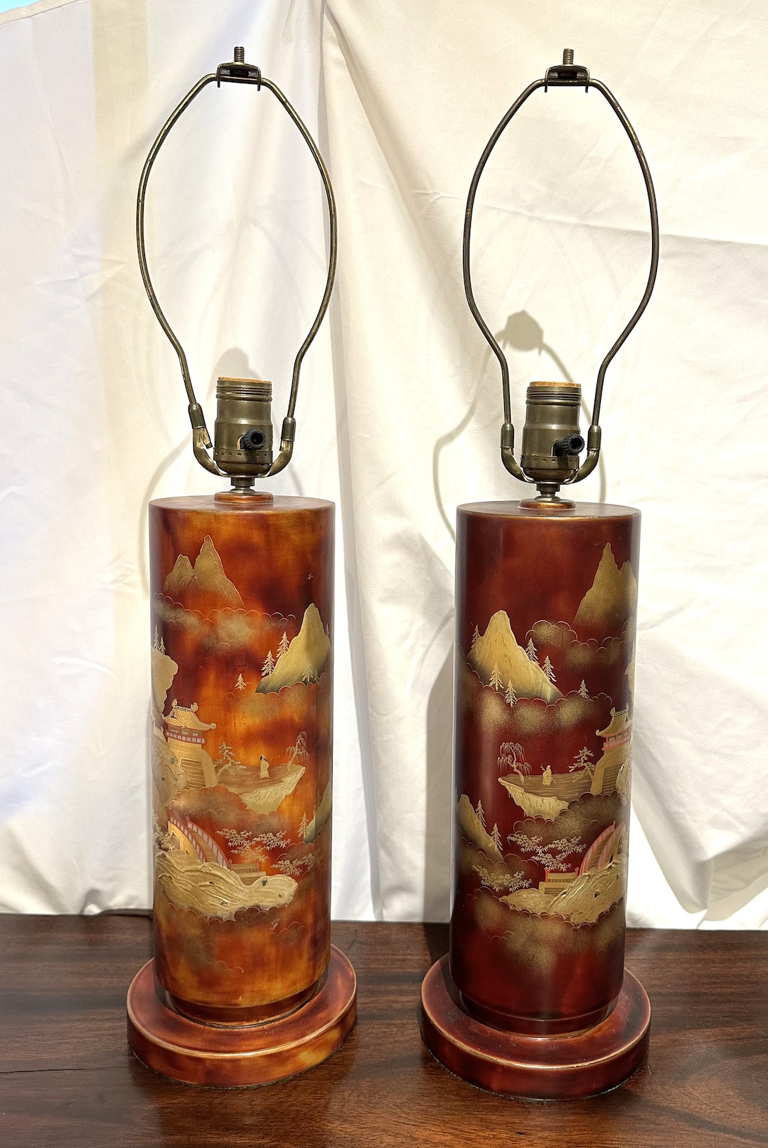 Two Mid Century Japanese Lamps. Red Lacquer, Painted, and Gilded Metal ...