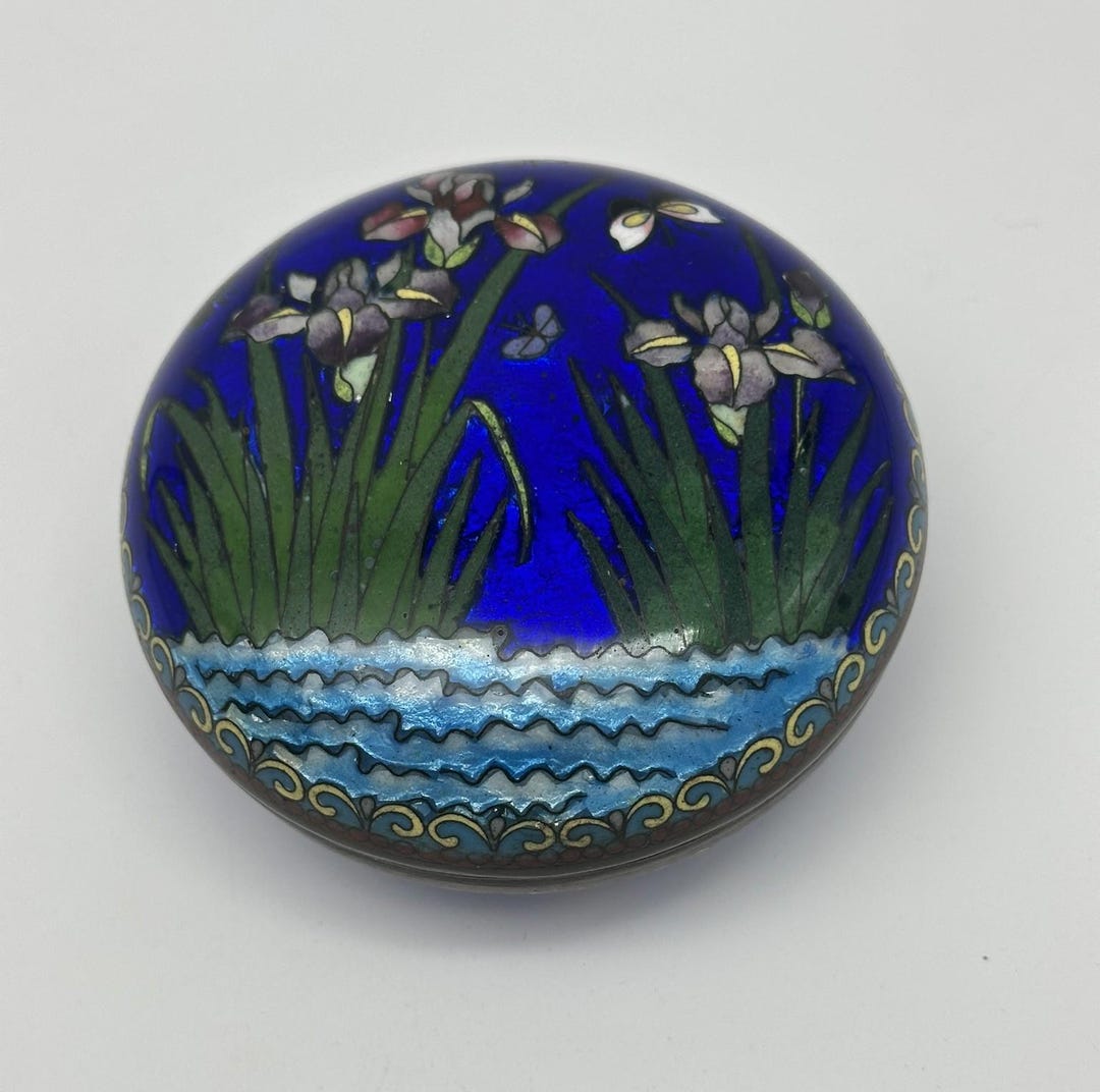 Circular Covered Box. Japanese Ginbari Cloisonne. Iris Flower Circa ...