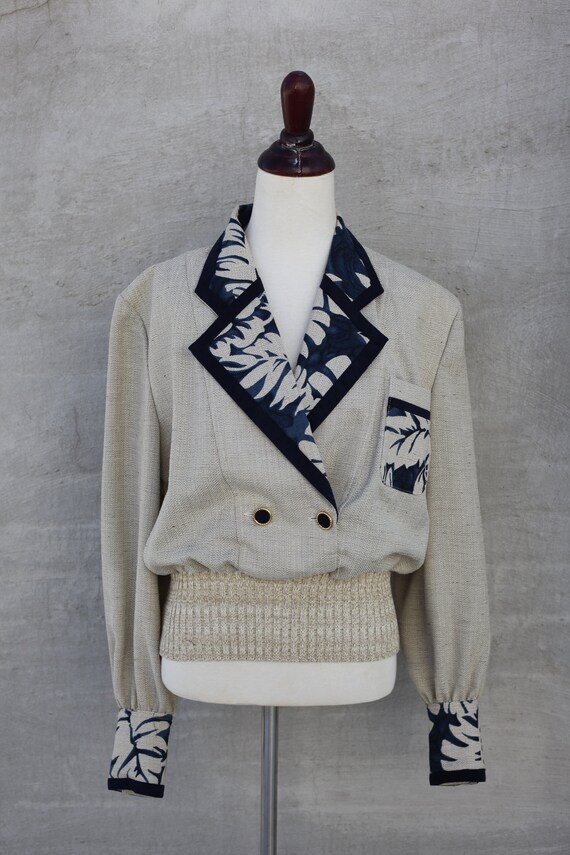 VINTAGE 1980s Flora Print Co-Ord Beige & Navy Pant Su… - Gem