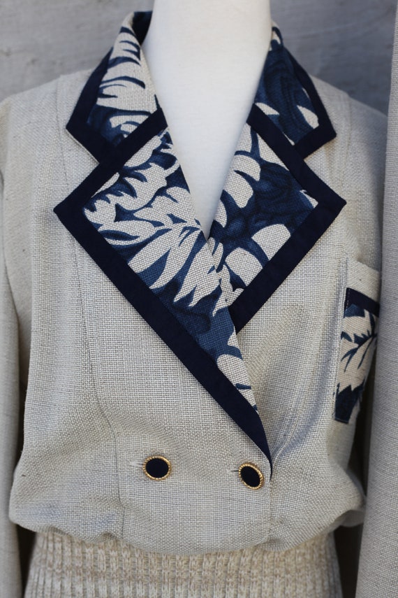 VINTAGE 1980s Flora Print Co-Ord Beige & Navy Pant Su… - Gem