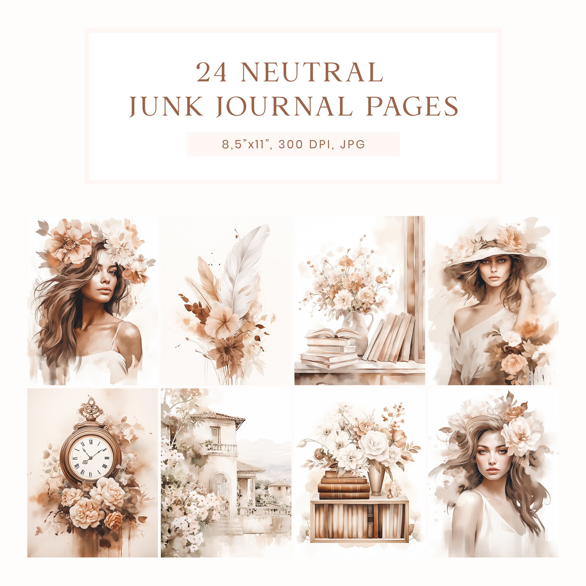 Junk Journal Kit, Junk Journal Pages Beige Watercolor, Beige Journal ...