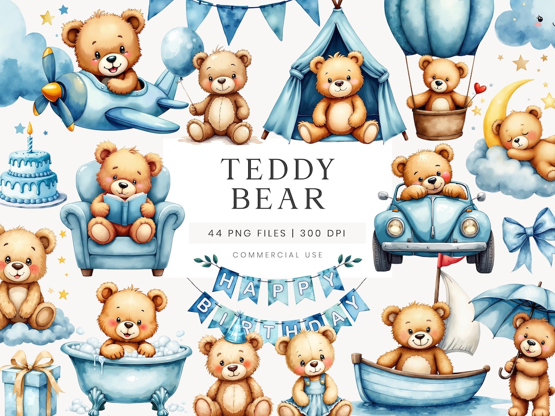 Blue Teddy Bear Clipart, Baby Shower, Blue Clipart for Invitation ...