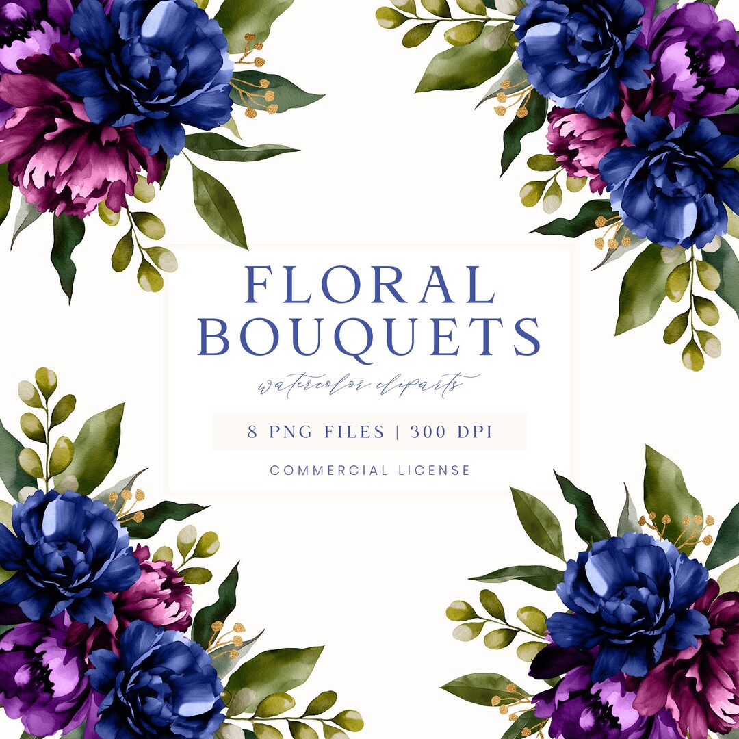 Blue Watercolor Flowers, Purple Floral Cliparts, Wedding Clipart, Blue ...