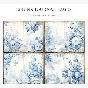 Blue Toile Junk Journal Pages, Blue Floral Digital Paper, Watercolor ...