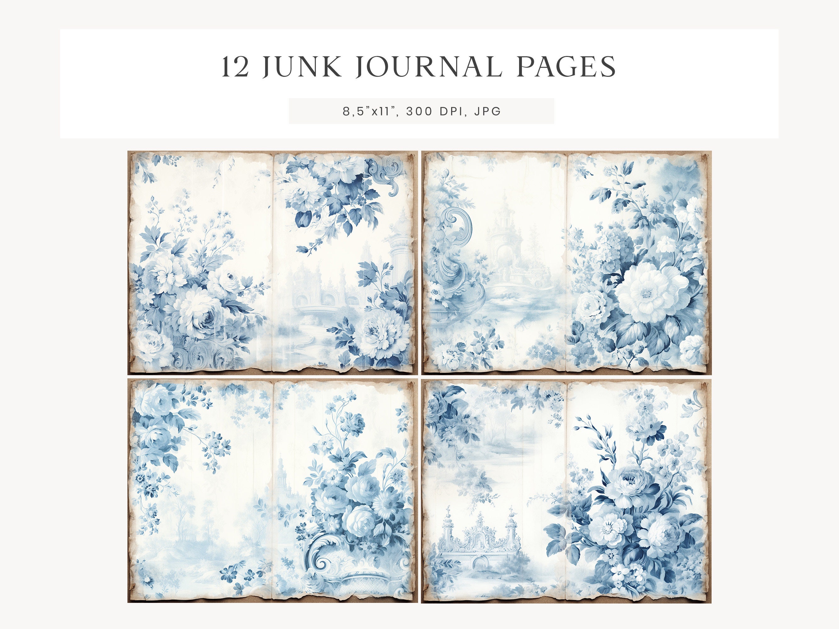 Blue Toile Junk Journal Pages, Blue Floral Digital Paper, Watercolor ...