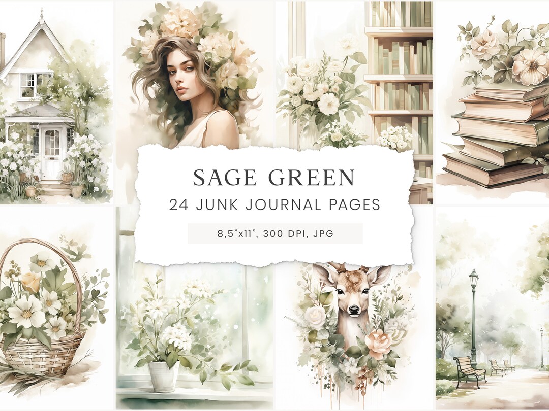 Junk Journal Pages Sage Green, Watercolor Junk Journal Kit, Beige ...