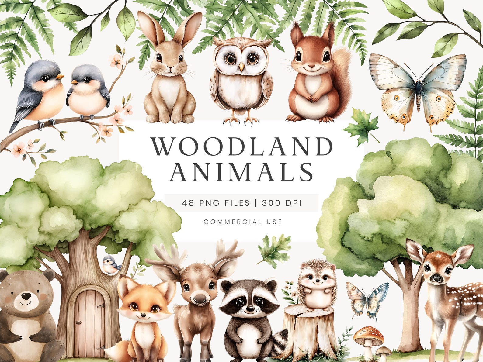 Woodland Animals Clipart, Forest Animals Watercolor Clipart, Cute Baby ...