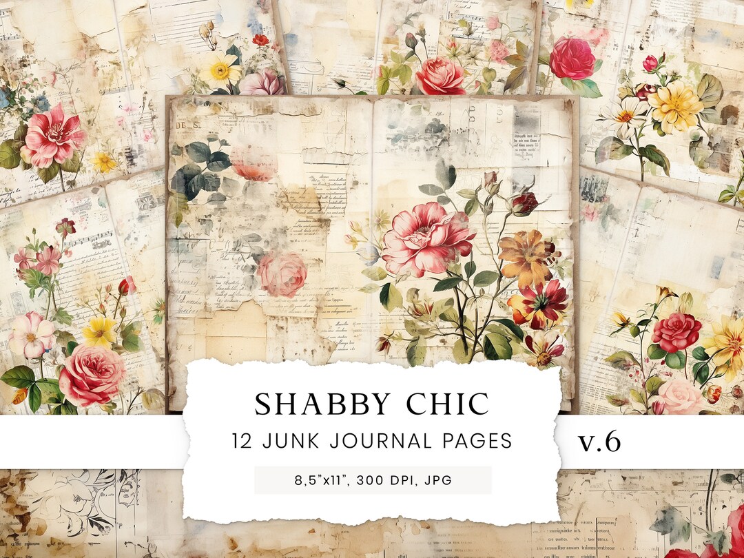 Shabby Chic Digital Paper, Shabby Chic Junk Journal Pages, Watercolor ...