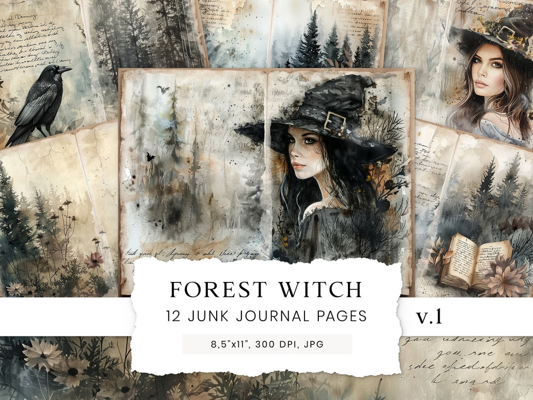 Witch Journal Page, Junk Journal Forest Witch, Watercolor Journal Pages ...
