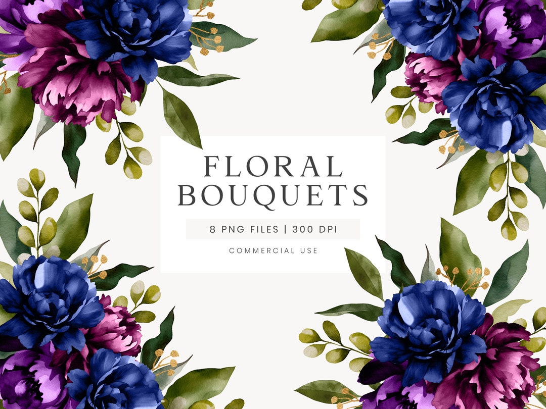 Blue Watercolor Flowers, Purple Floral Cliparts, Wedding Clipart, Blue ...