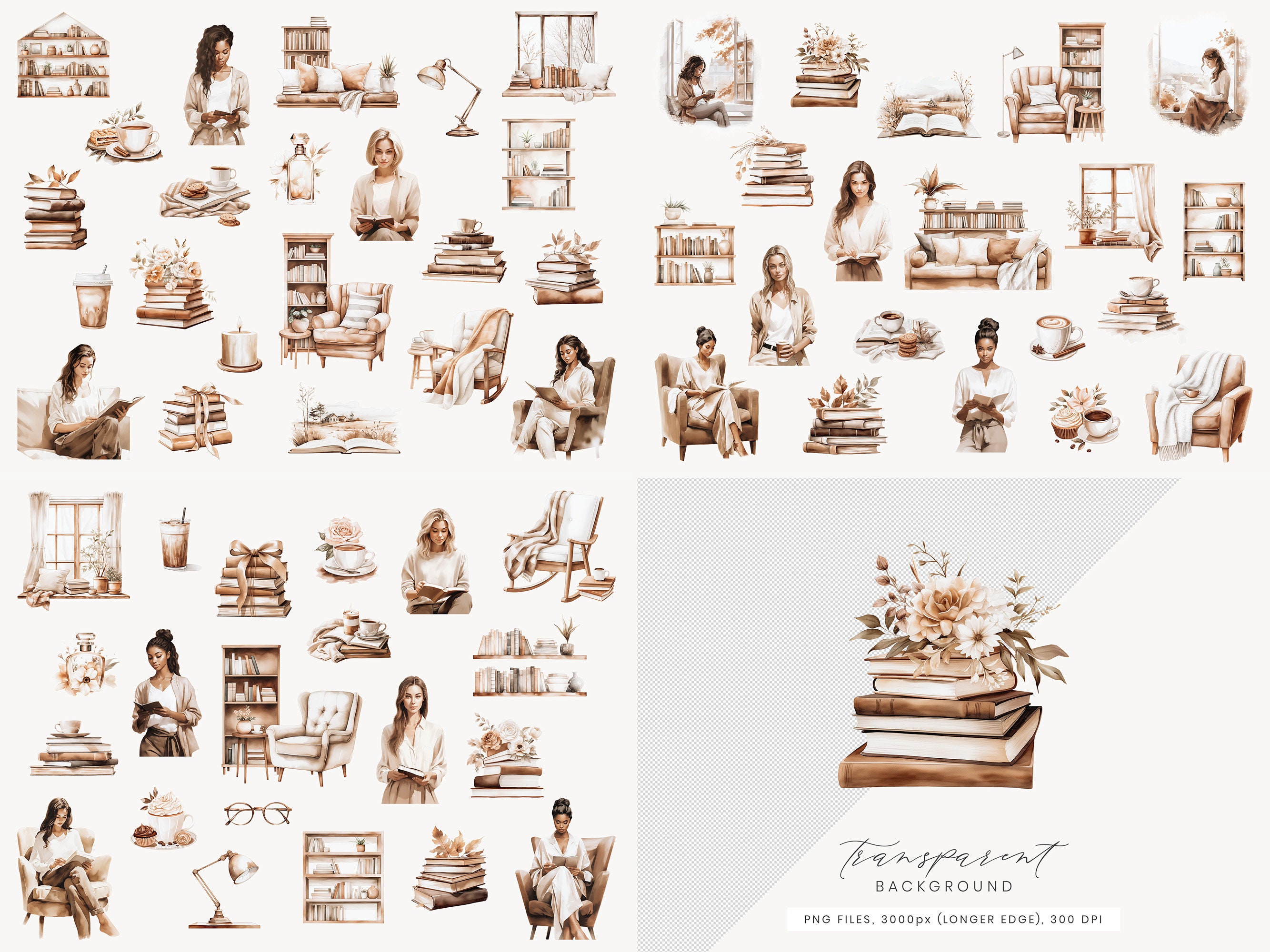 Bookworm Clipart Bundle, Book Lover Watercolor Clipart, Watercolor ...