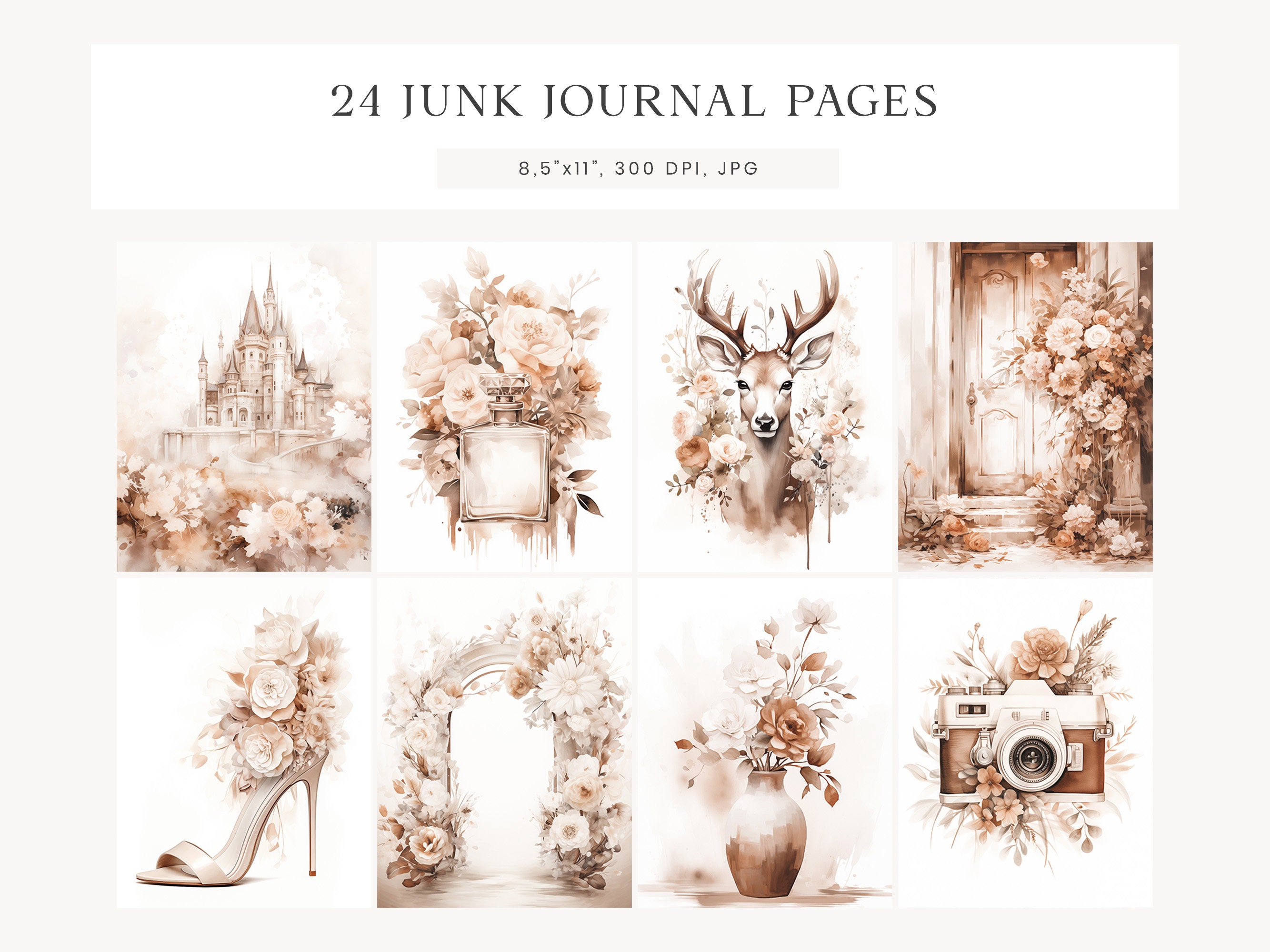 Junk Journal Kit, Junk Journal Pages Beige Watercolor, Beige Journal ...