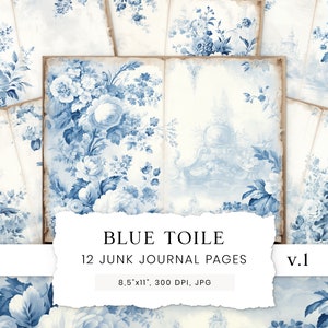 Blue Toile Junk Journal Pages, Blue Floral Digital Paper, Watercolor ...