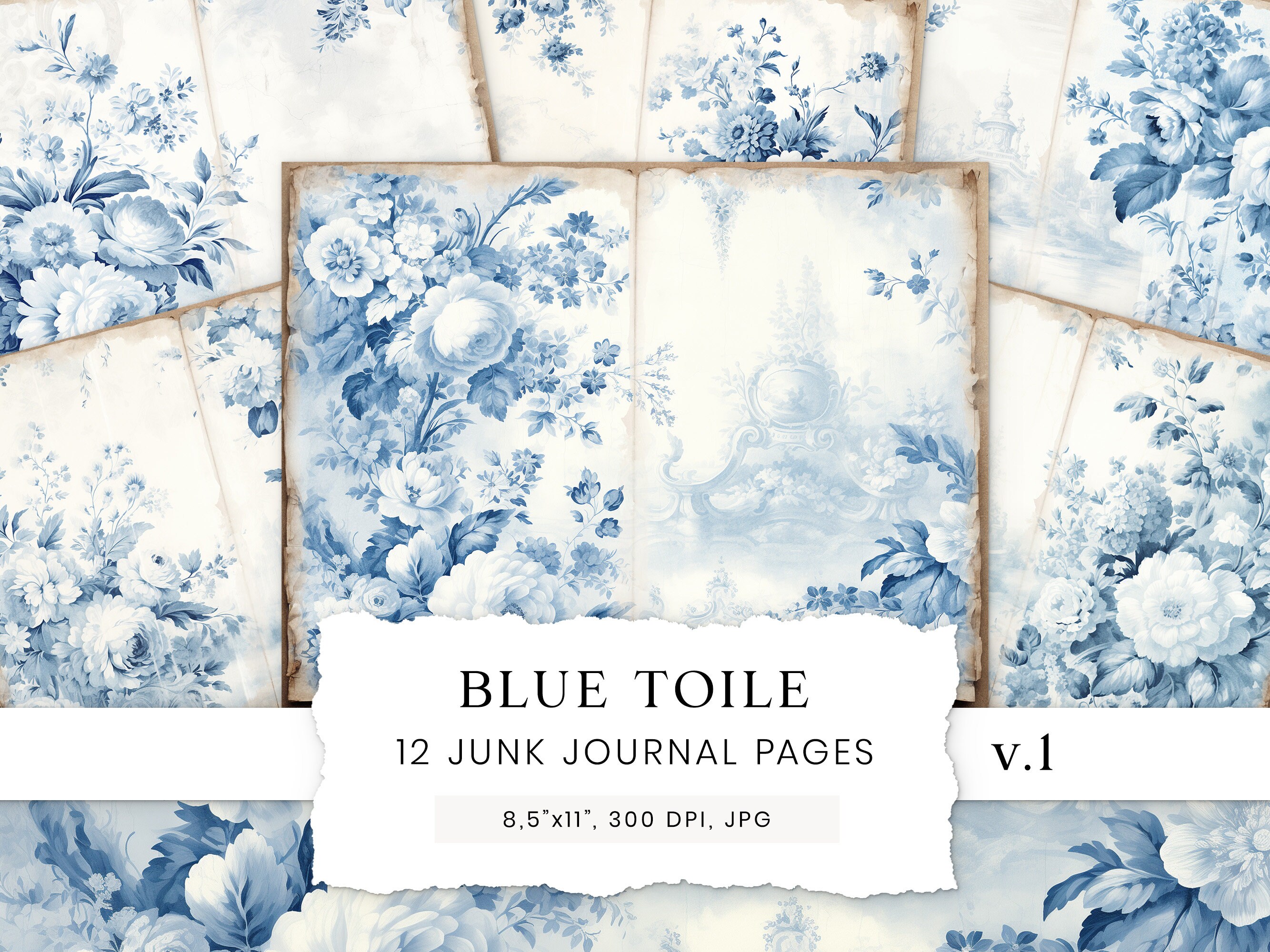 Blue Toile Junk Journal Pages, Blue Floral Digital Paper, Watercolor ...