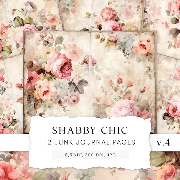 Shabby Chic Digital Paper, Shabby Chic Junk Journal Pages, Watercolor ...
