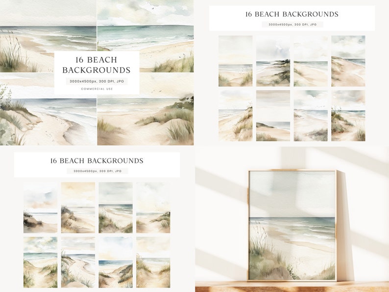 Summer Backgrounds Bundle, Watercolor Beach Backgrounds, Landscape ...