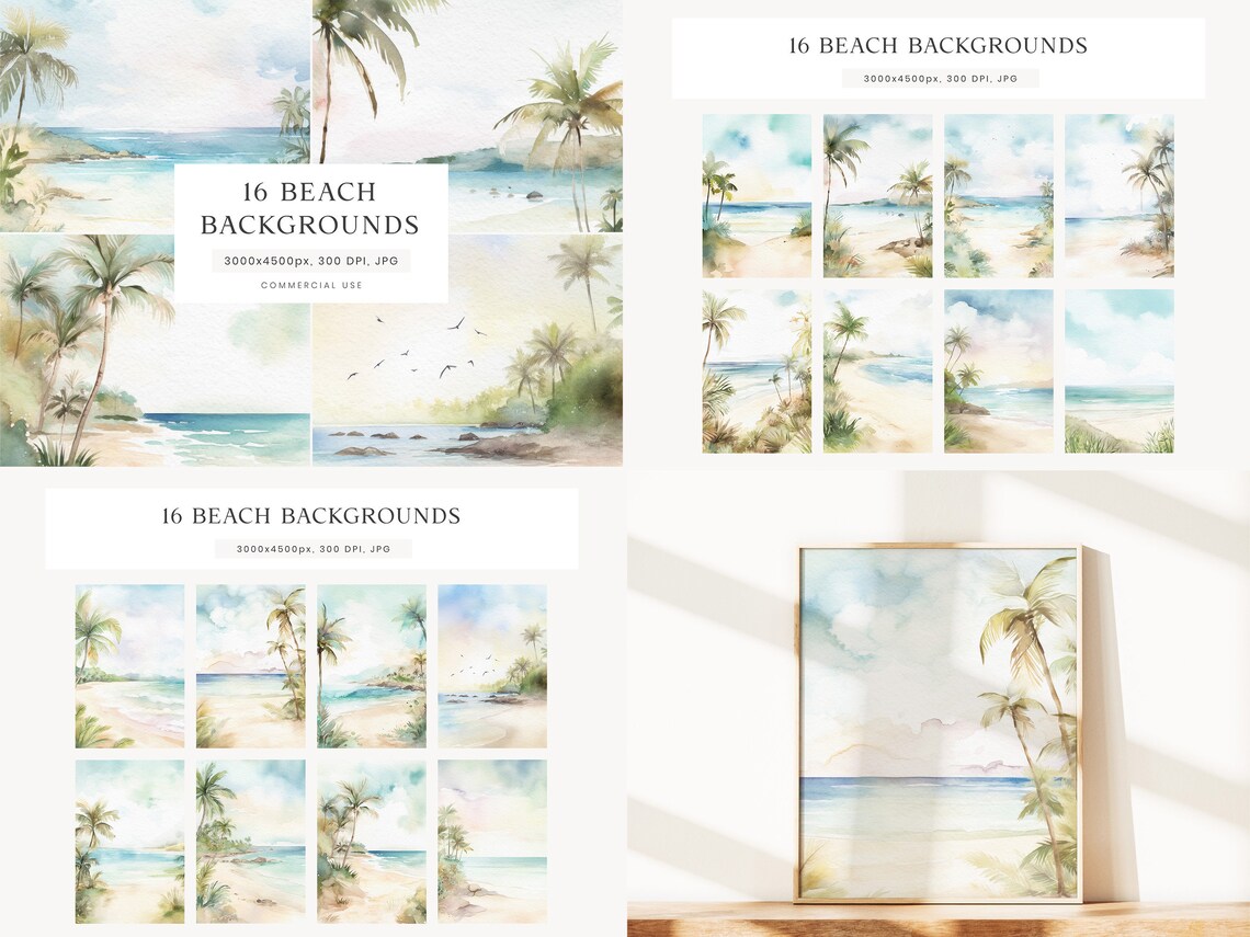 Summer Backgrounds Bundle, Watercolor Beach Backgrounds, Landscape ...