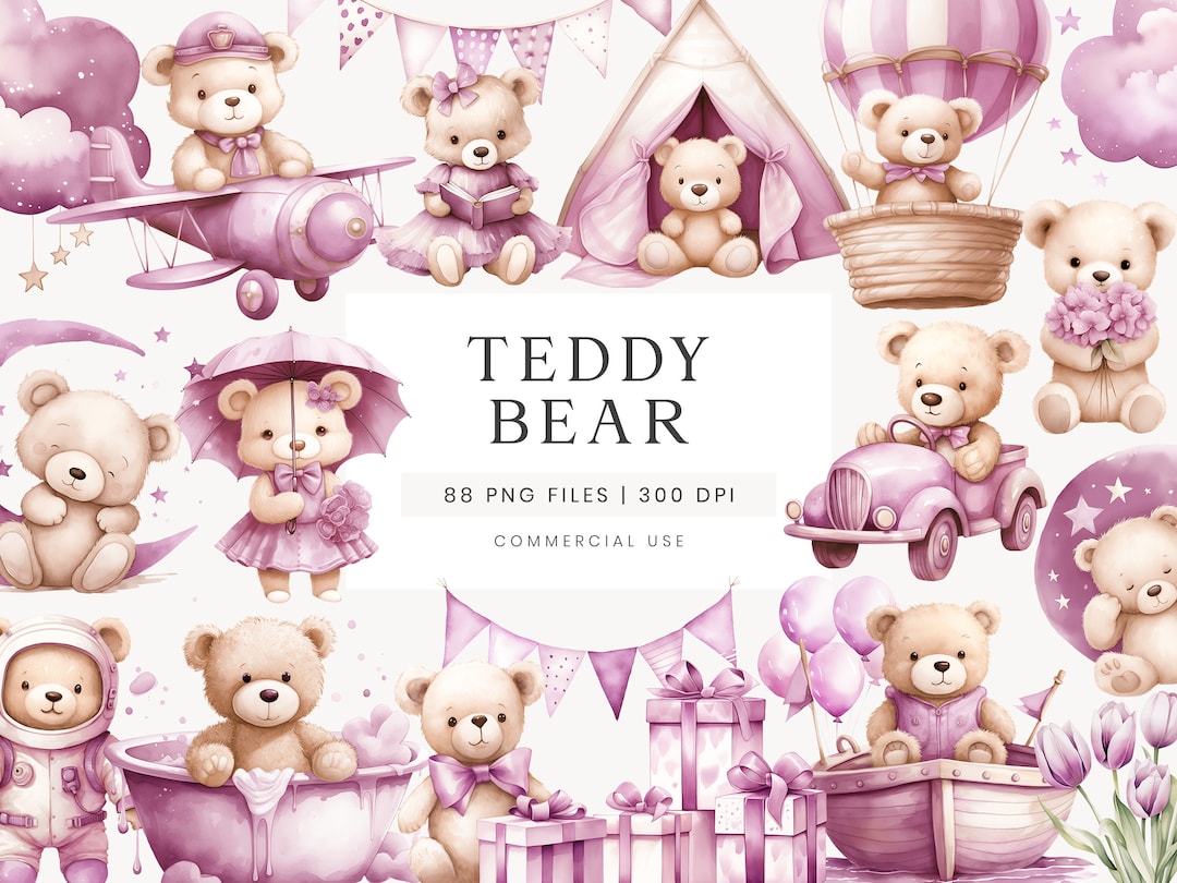 Pink Teddy Bear Clipart, Baby Shower Clipart, Pink Clipart for ...