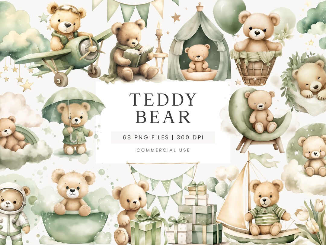 Teddy Bear Clipart, Baby Shower Clipart, Green Clipart for Invitation ...