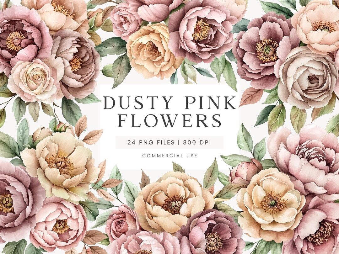 Dusty Pink Flowers Clipart, Yellow Watercolor Flowers, Pink Wedding ...