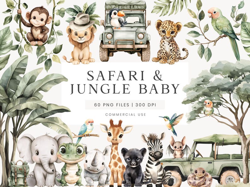 Safari Animals Clipart, Jungle Animals Clipart, Cute Baby Animal PNG ...