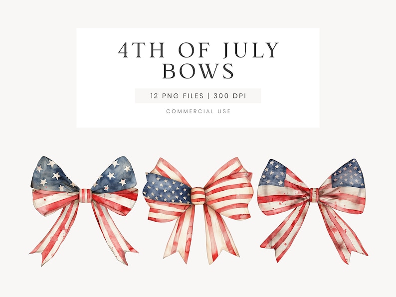 4th of July Bows Clipart, Watercolor Patriotic Bows, Fourth of July ...