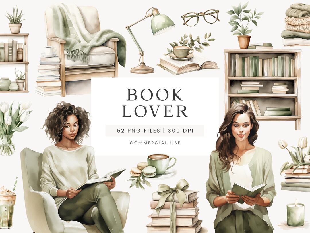 Book Lover Clip Art, Bookworm Watercolor Clipart, Watercolor ...