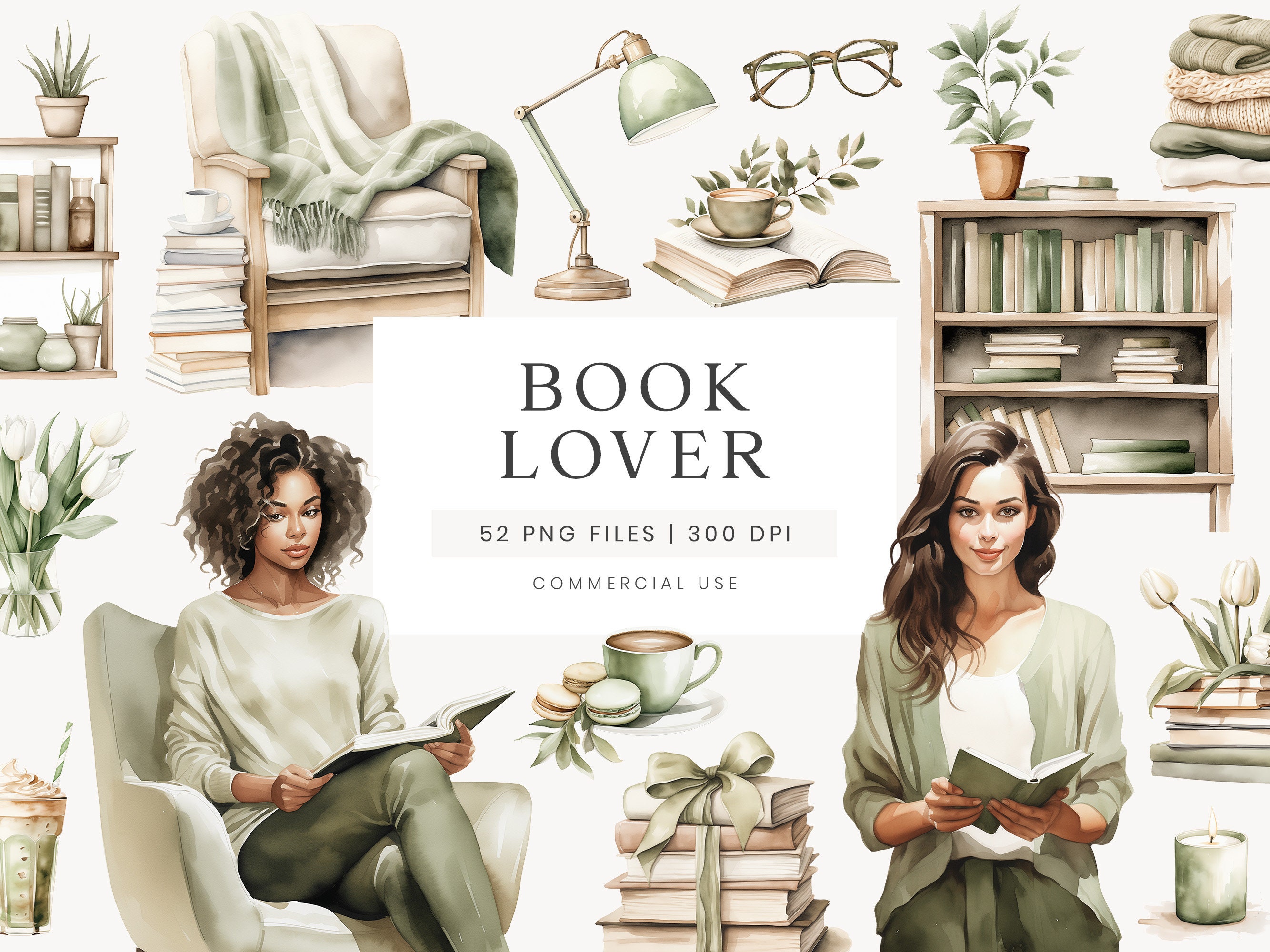 Book Lover Clip Art, Bookworm Watercolor Clipart, Watercolor ...