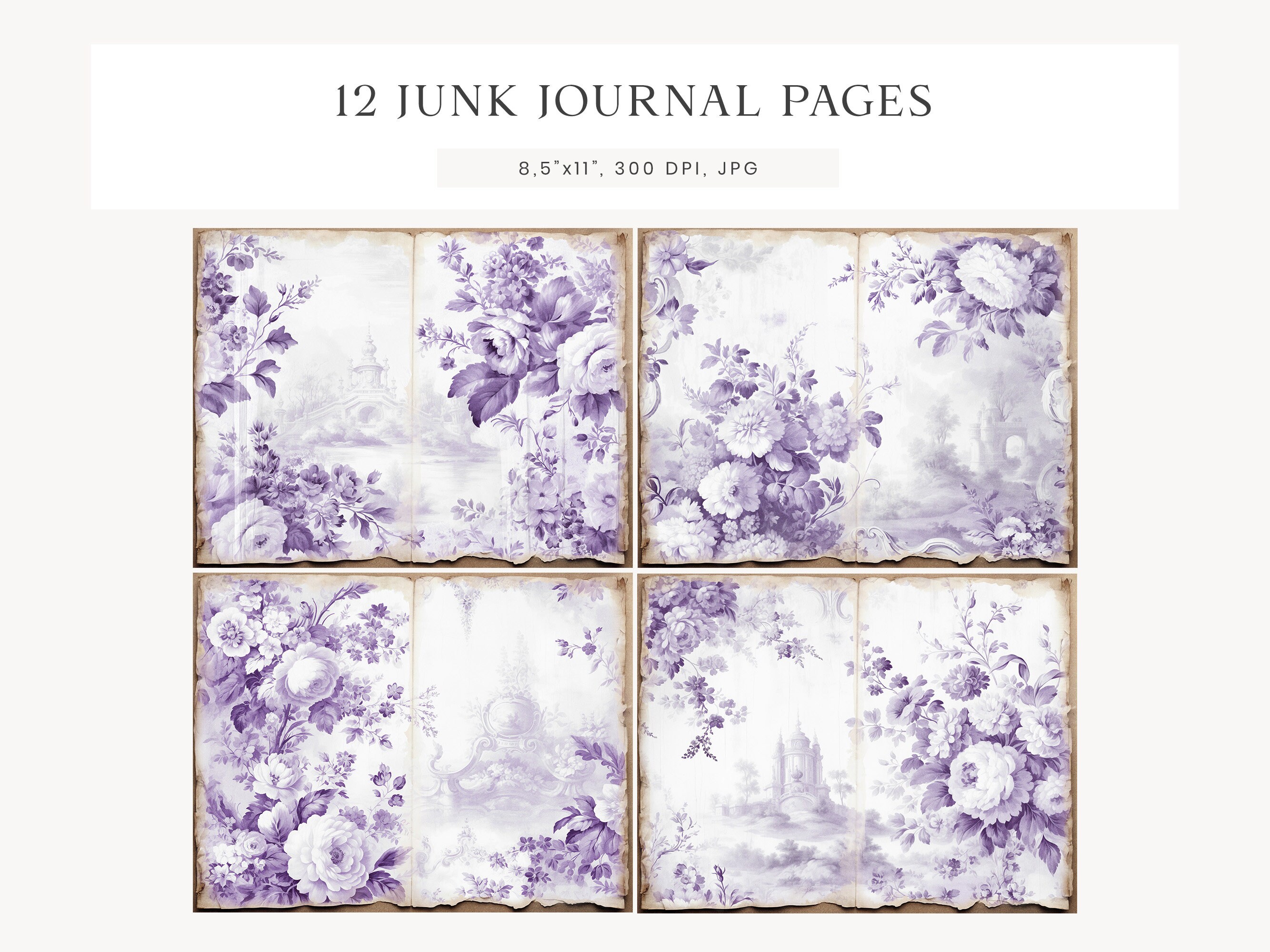 Purple Toile Junk Journal Pages, Purple Floral Digital Paper ...